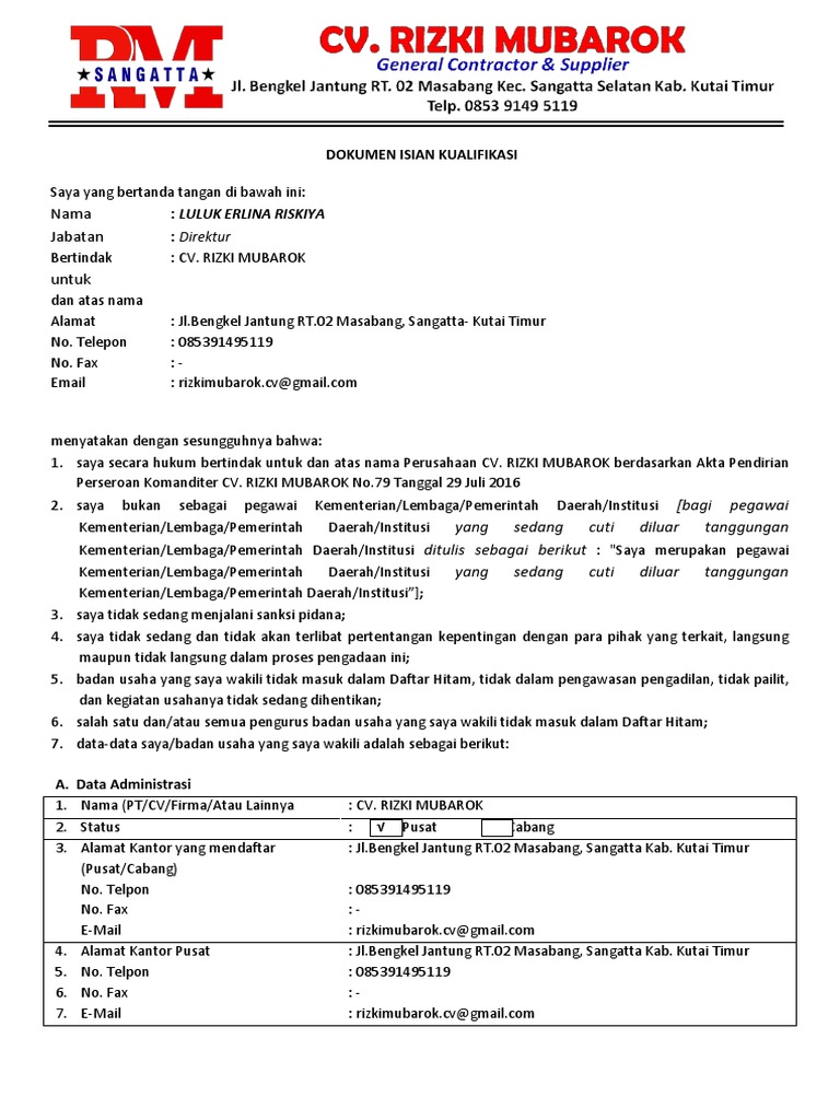 00 Isian Kualifikasi CV. Rizki Mubarok | PDF