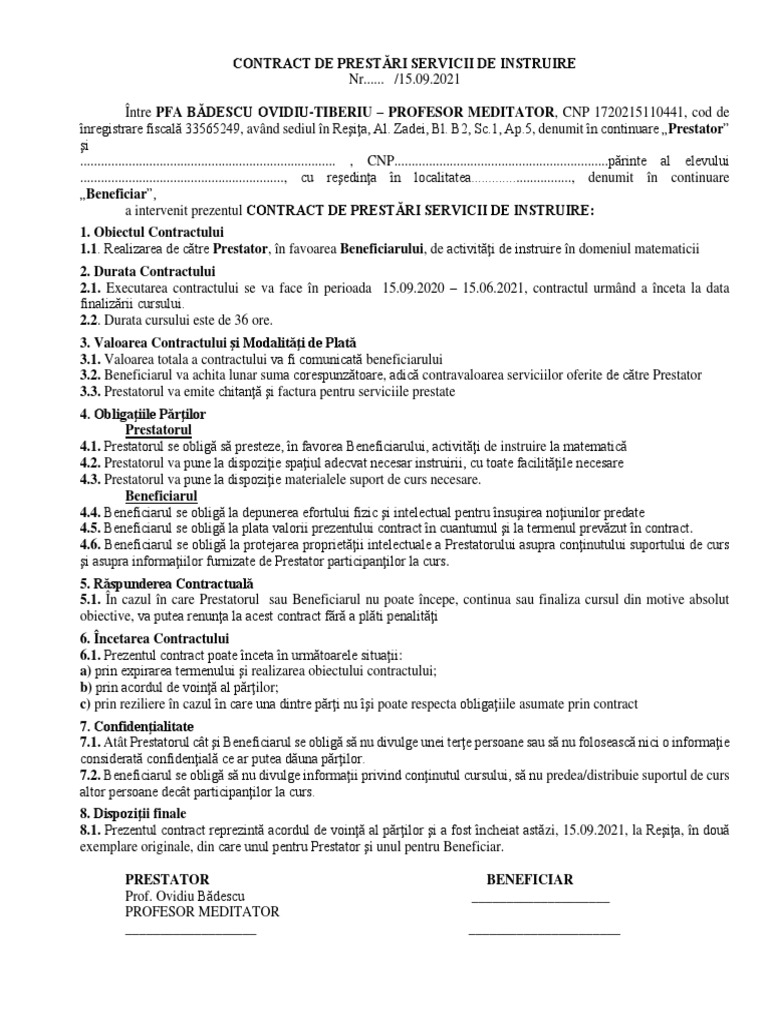 Contract Meditatii 2021 | PDF