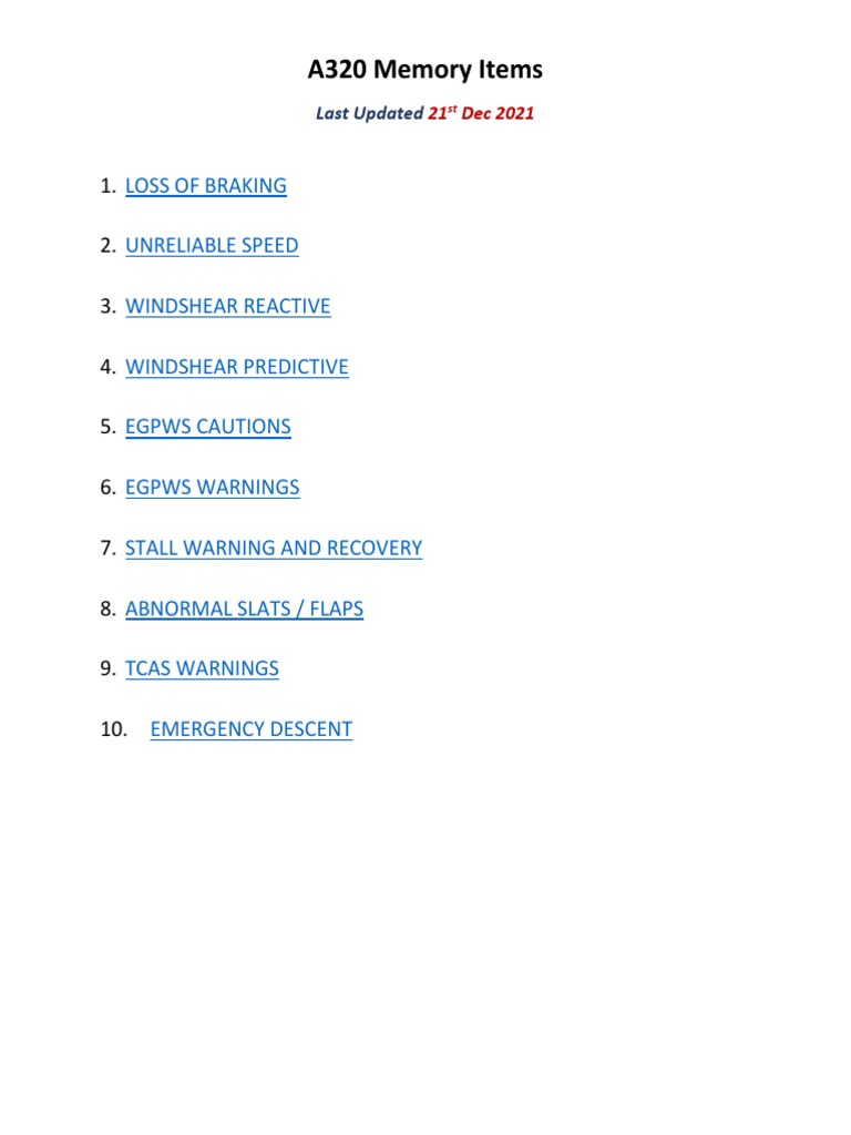 A320 Memory Items | PDF | Takeoff | Aviation