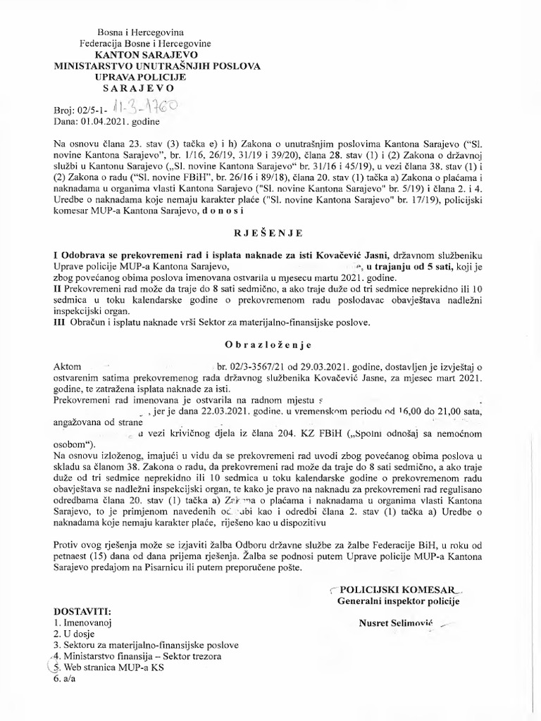 Rjesenje - Prekovremeni Rad - Mart 2021 | PDF