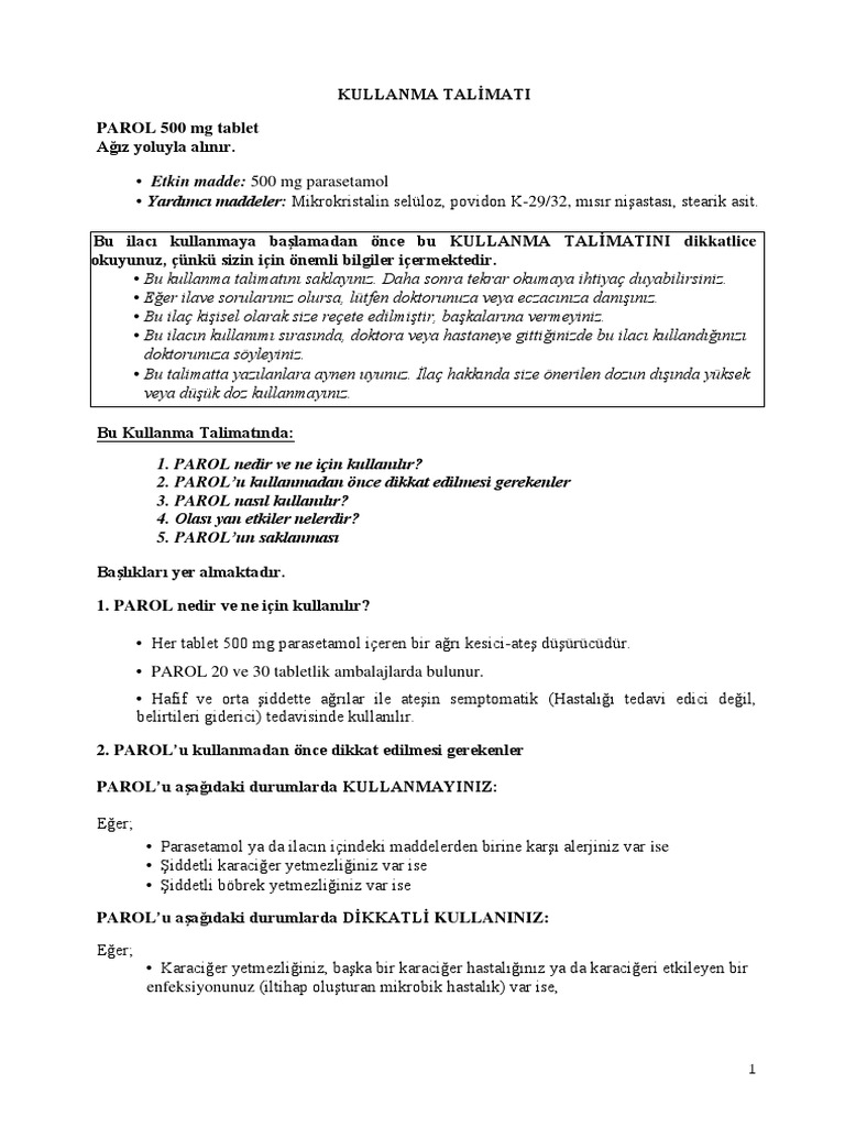Parol Parasetamol 500mg Tablet Recete | PDF