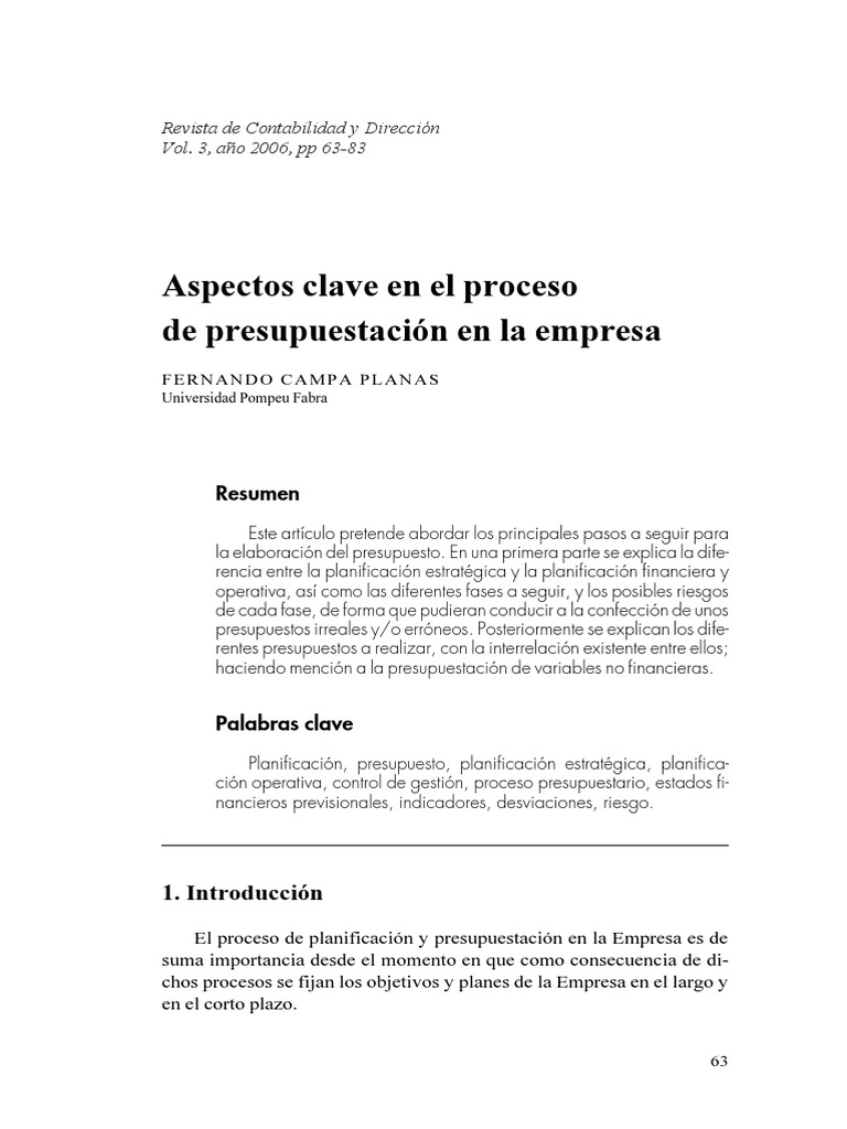 Lectura 2 - Aspectos Clave en El Proceso de Presupuestación en La Empresa | PDF | Presupuesto ...