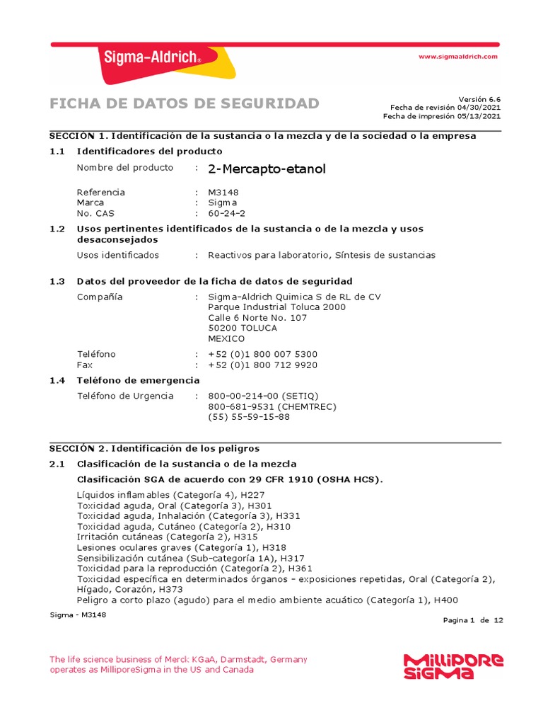 Hoja de Seguridad - 2ME | PDF | Agua | Toxicidad