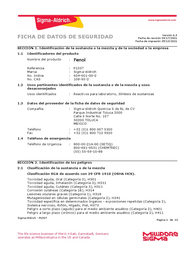 Hoja de Seguridad - Fenol Cristal | PDF | Agua | Toxicidad