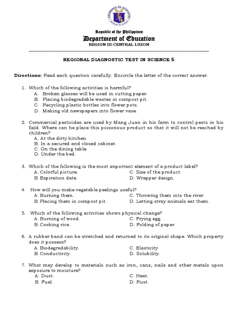 Grade 5 Science Diagnostic Test PDF | PDF | Pollination | Flowers