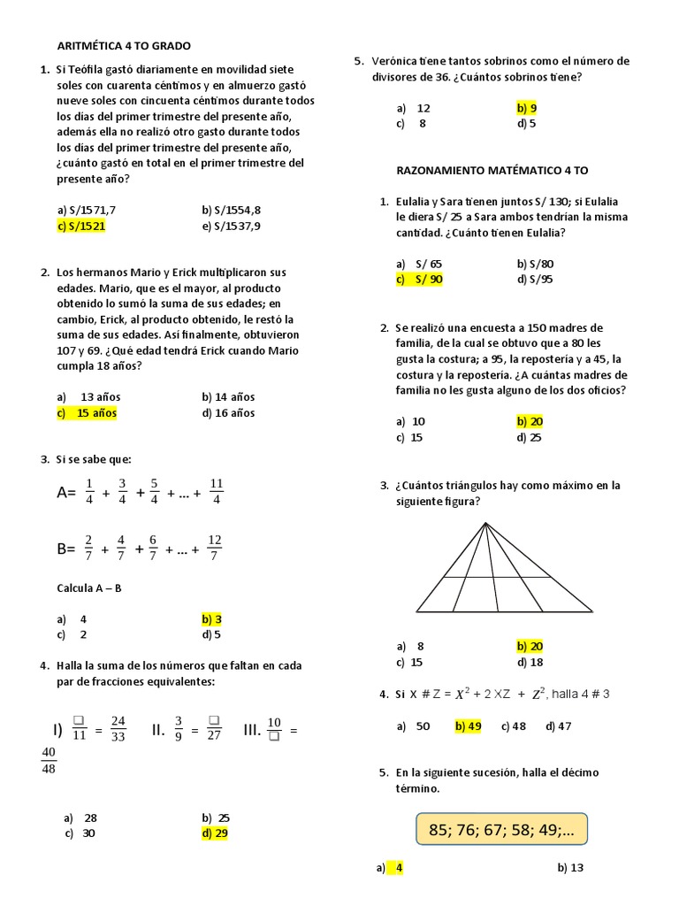 Aritmética 4 To Grado (Concurso) | PDF