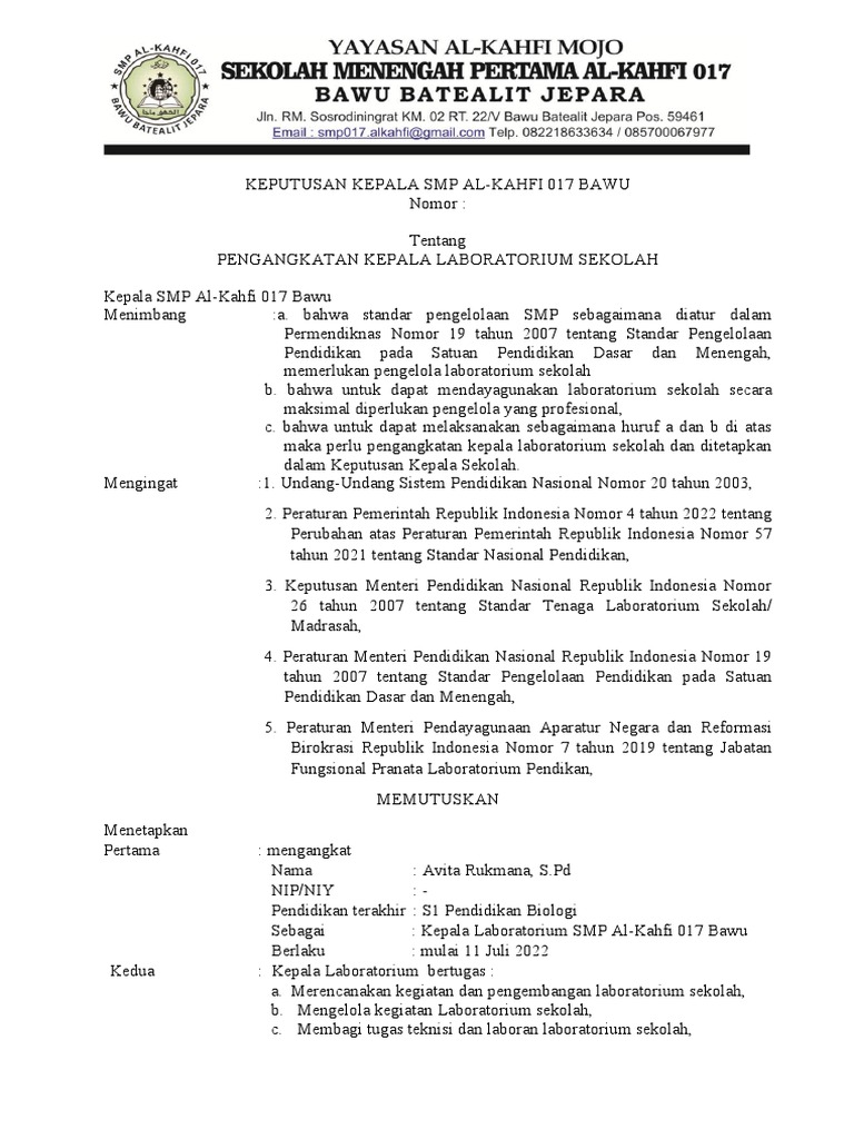 Pengangkatan Kepala Laboratorium SMP Al-Kahfi | PDF