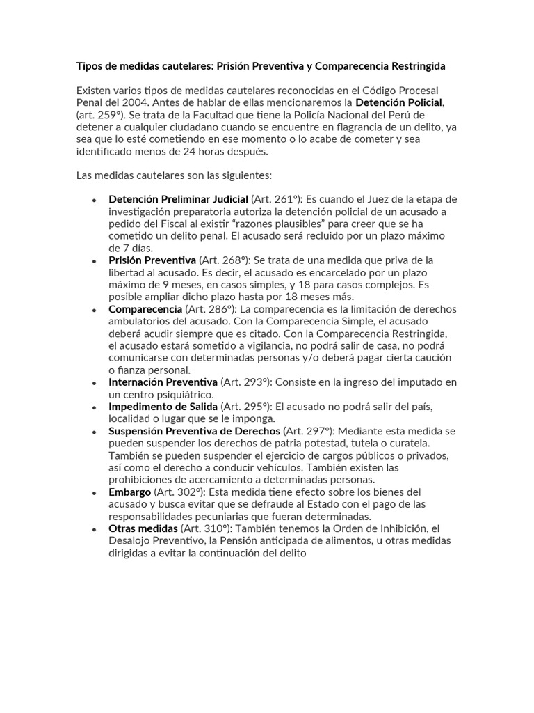 Tipos de Medidas Cautelares | PDF | Mandato | Detención (encarcelamiento)
