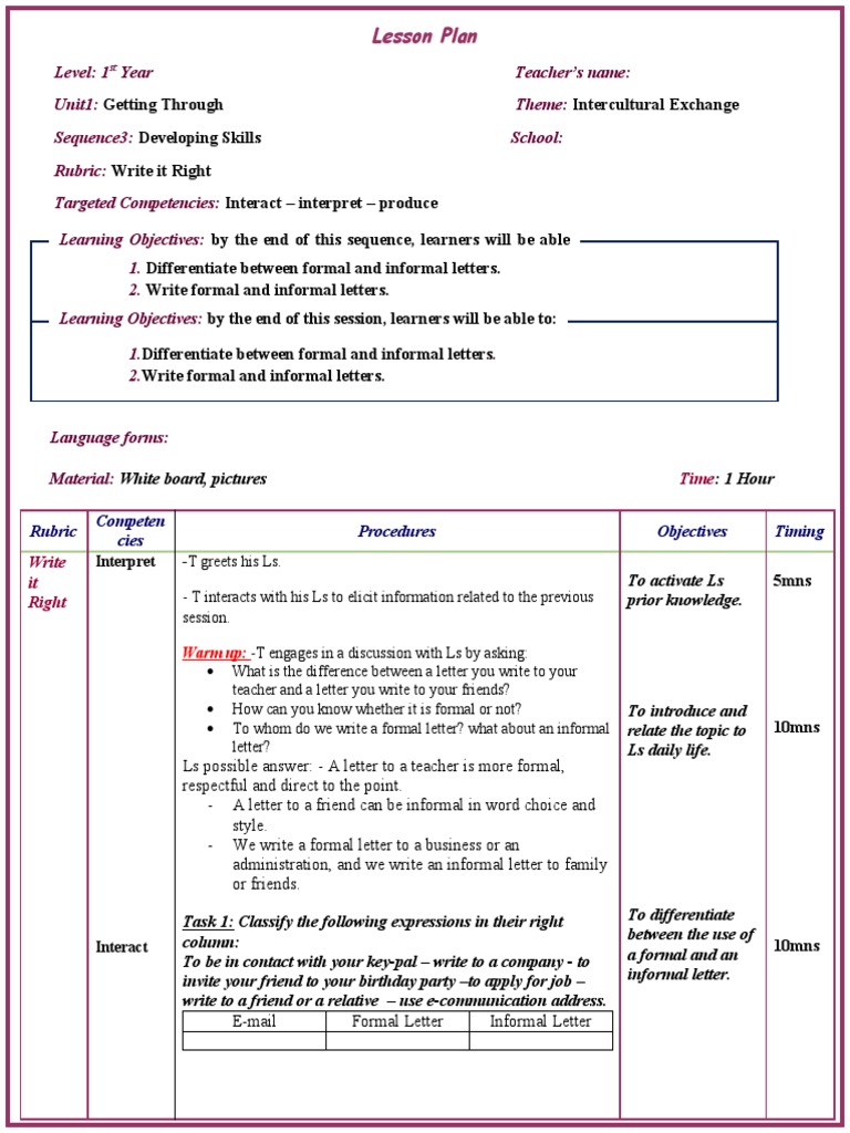 Formal Informal Letters | PDF | Learning | Lesson Plan