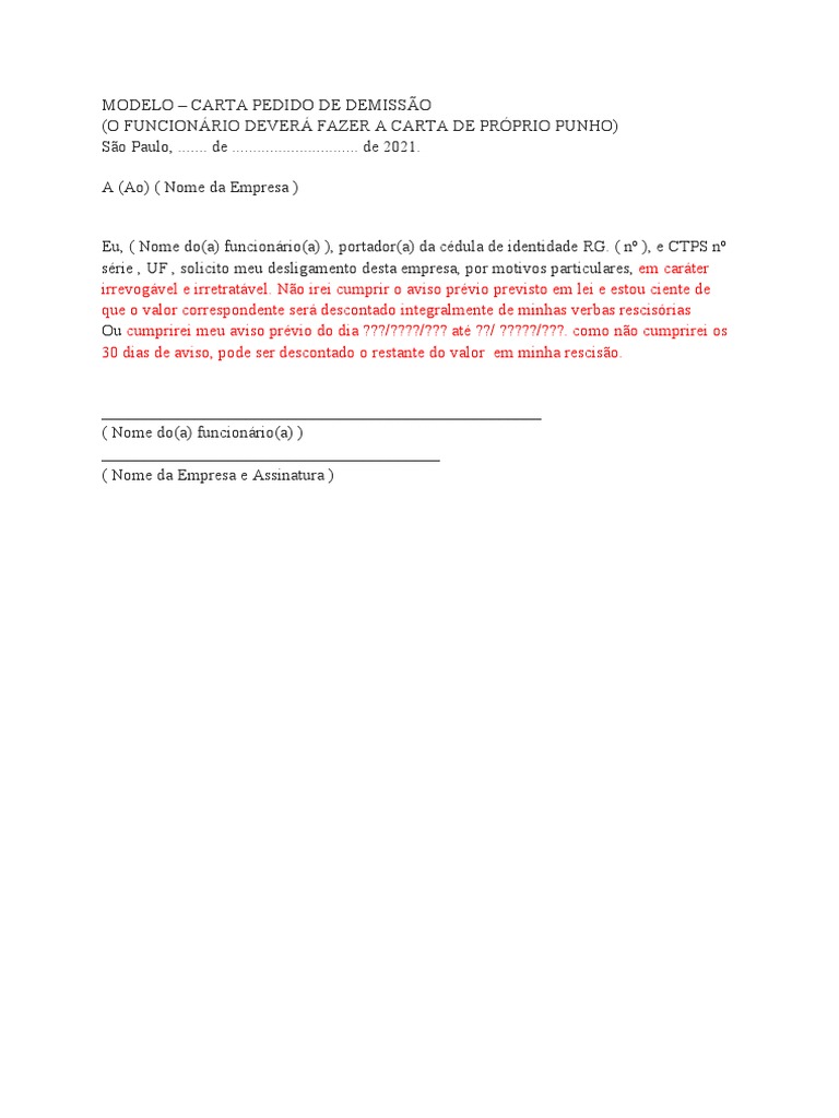 Modelo - Carta Pedido de Demissão | PDF