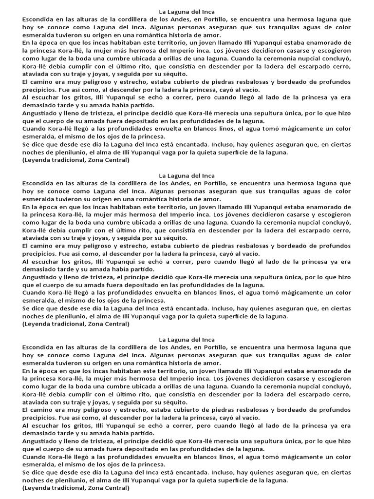 La Leyenda La Laguna Del Inca | PDF | Imperio Inca