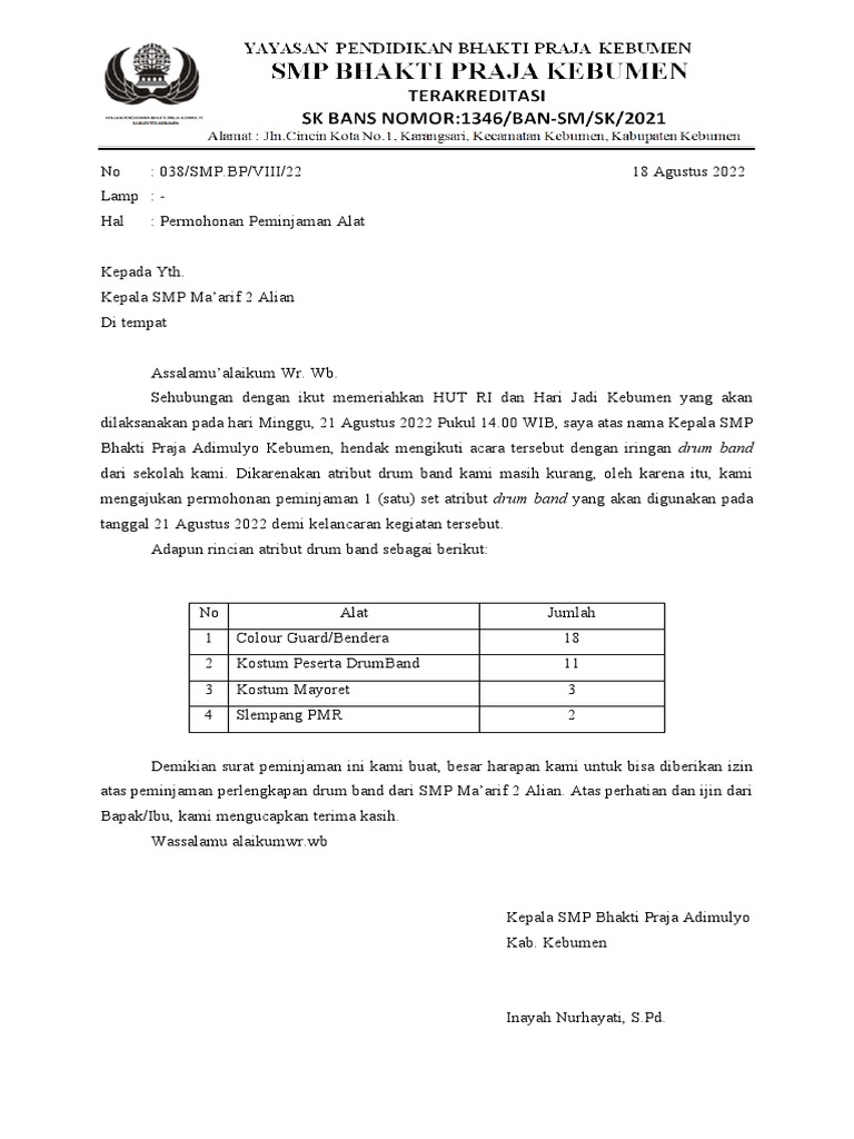 Dokumen - Tips - Surat Ijin Pinjam Drum Band | PDF