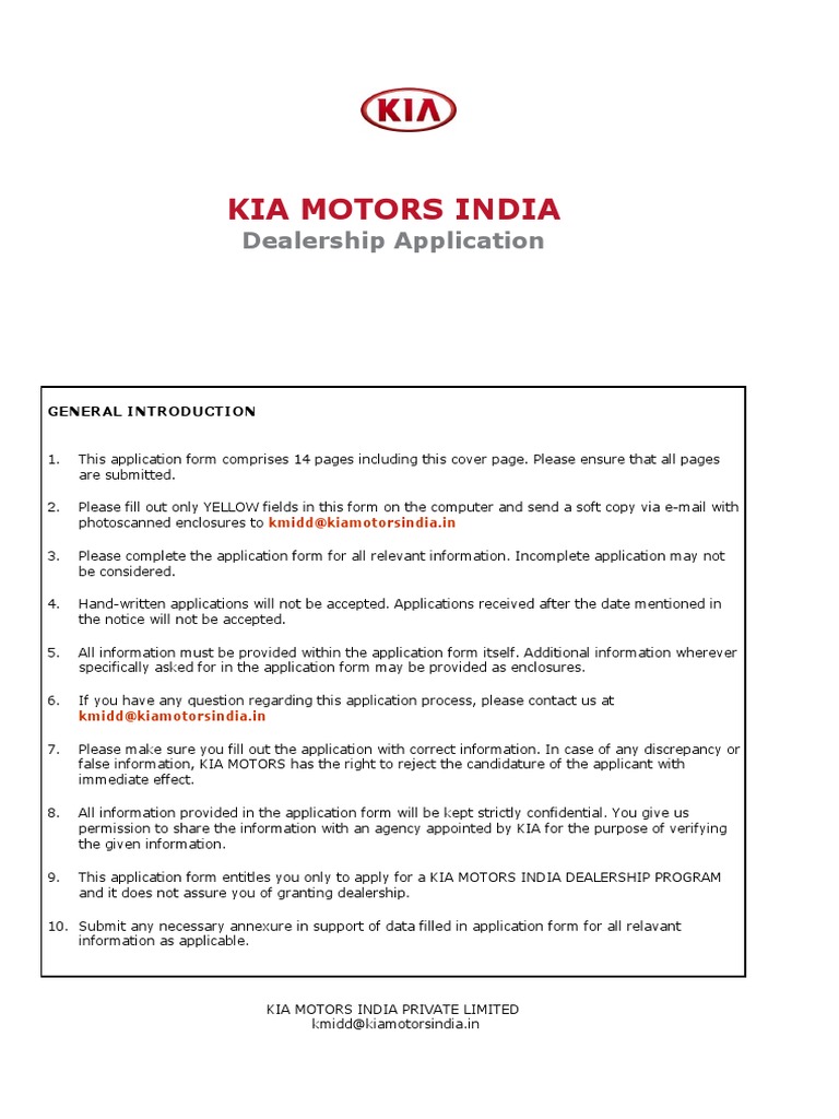 Kia India Dealer Application Form | PDF | Equity (Finance) | Revenue