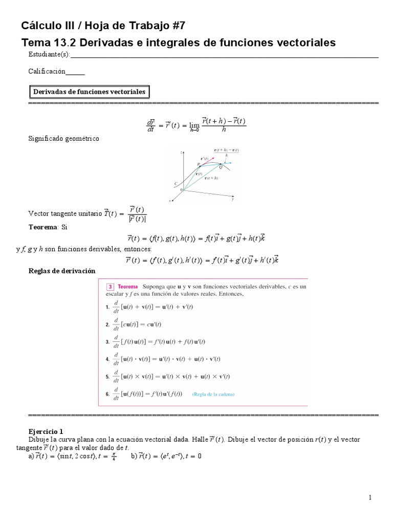 Hoja de trabajo sobre derivadas e integrales de funciones vectoriales | PDF | Vector Euclidiano ...