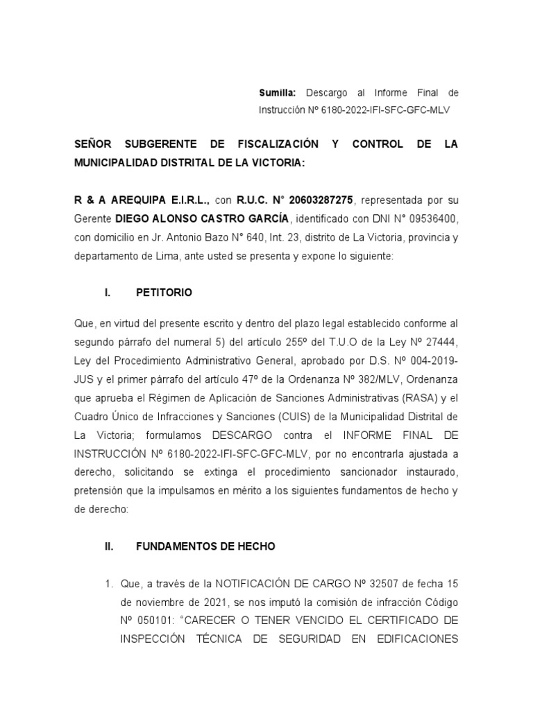 Modelo de Descargo al Informe Final de Instrucción | PDF | Multa (pena) | Gobierno