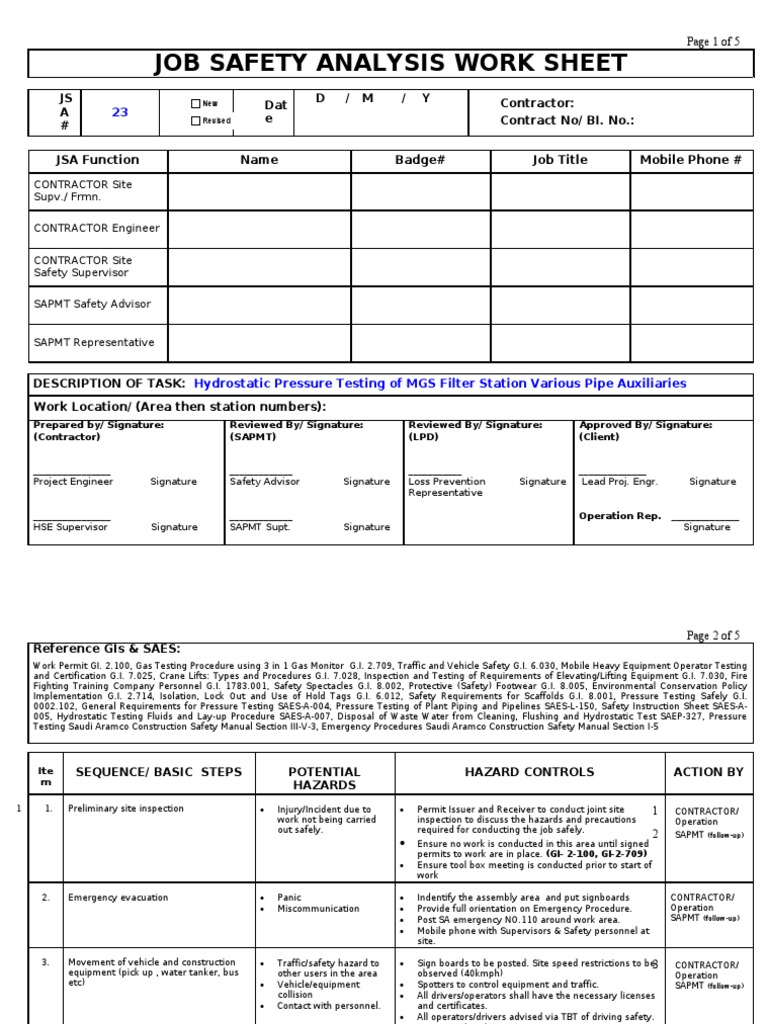 JSA23 Hydro Static Pressure Testing Various Pipe Auxiliaries | Personal ...
