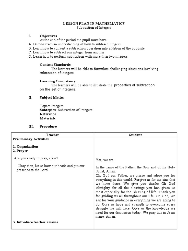 Subtraction of Integers 4A Lesson Plan | PDF | Subtraction | Mathematics