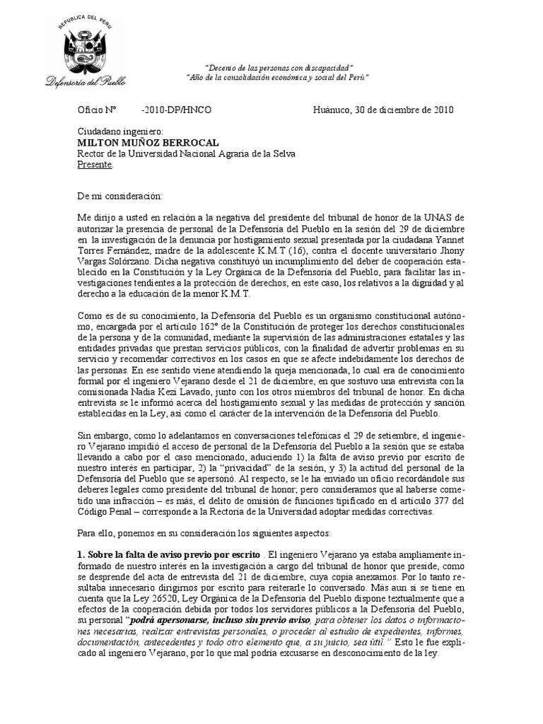 Oficio Rector UNAS | PDF | Gobierno | Justicia