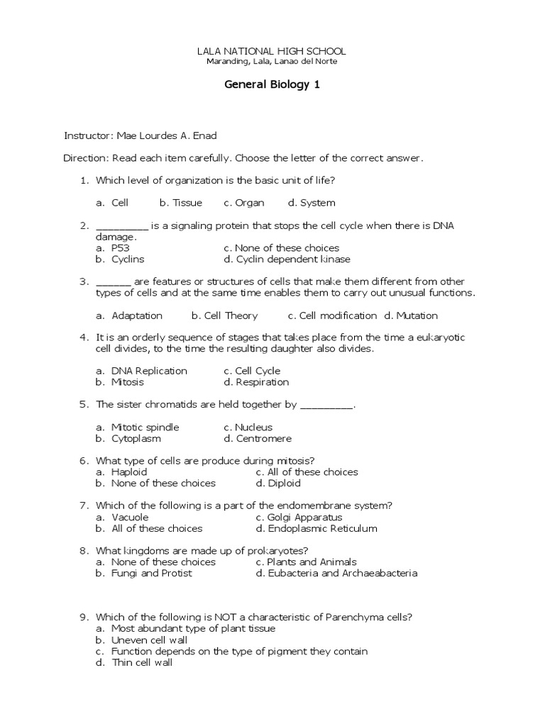General Biology 1 Diagnostic Test | PDF | Cell (Biology) | Mitosis