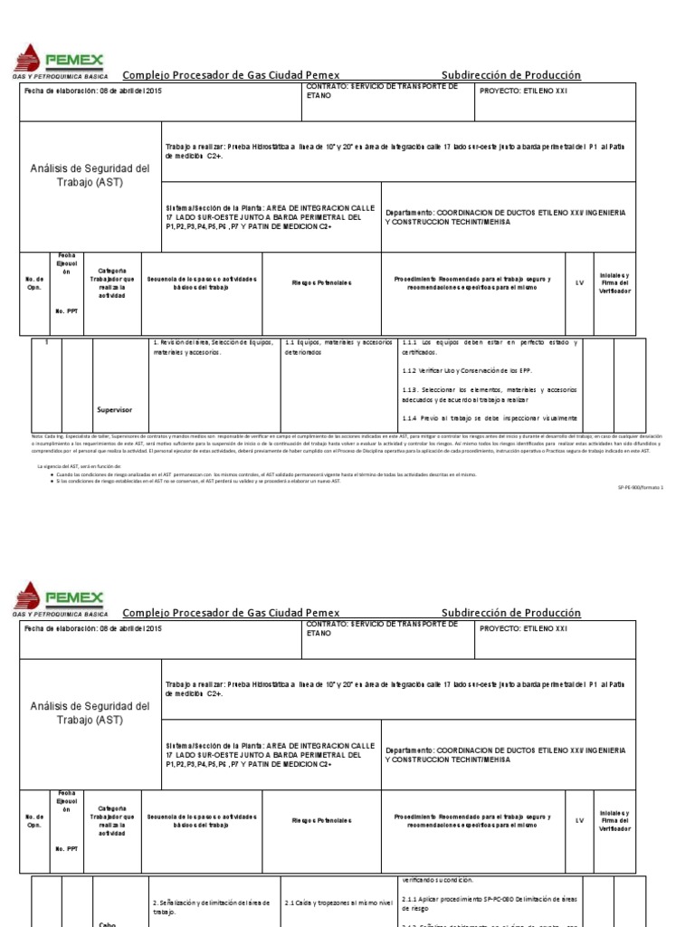 AST para Prueba Hidrostática en Pemex | PDF | Gases