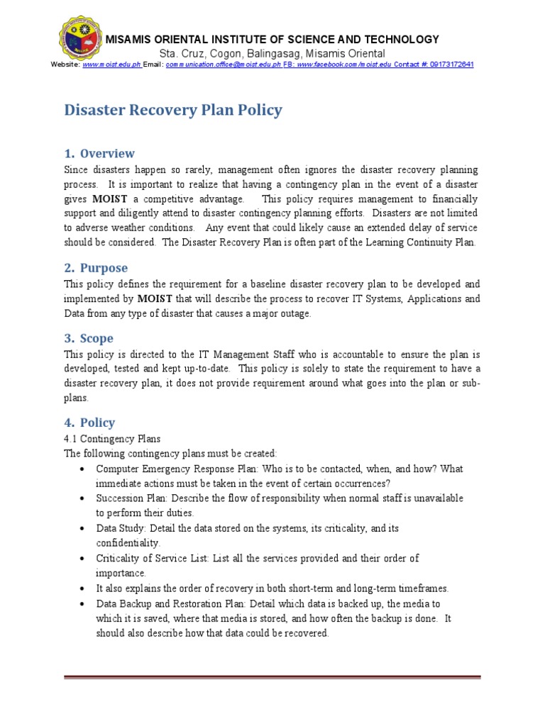 Disaster Recovery Plan Policy | PDF | Information Security | Computing
