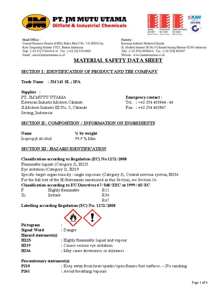 SDS Isopropyl Alcohol | PDF | Fires | Ethanol