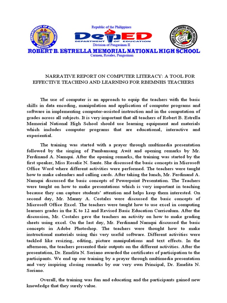 Narrative Report On Computer Literacy | PDF | Teachers | Microsoft Excel