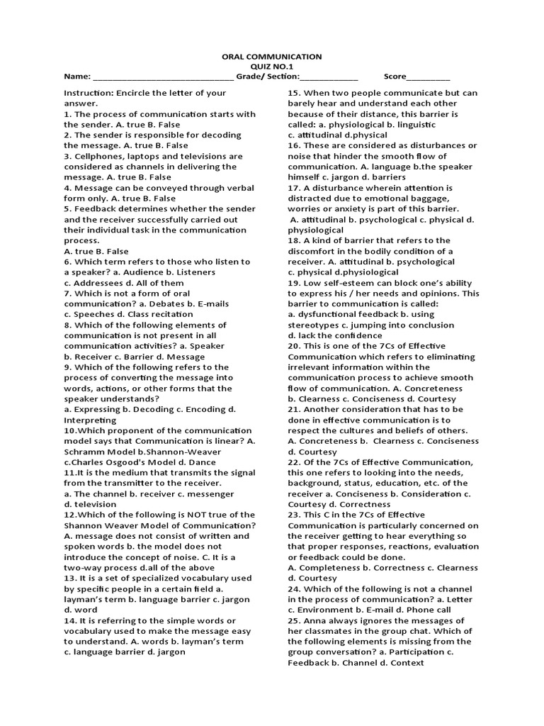 Quiz 1 Oral Communication | PDF | Communication | Psychological Concepts