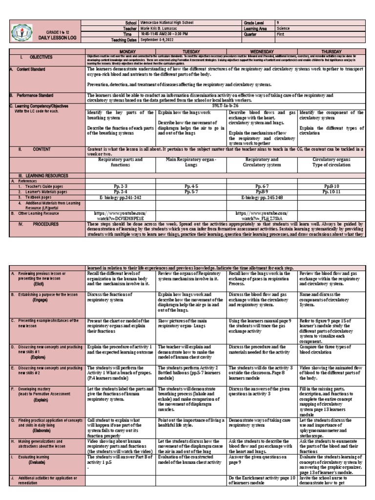 DLL Science-Week 1 Science 9 | PDF | Respiratory System | Learning