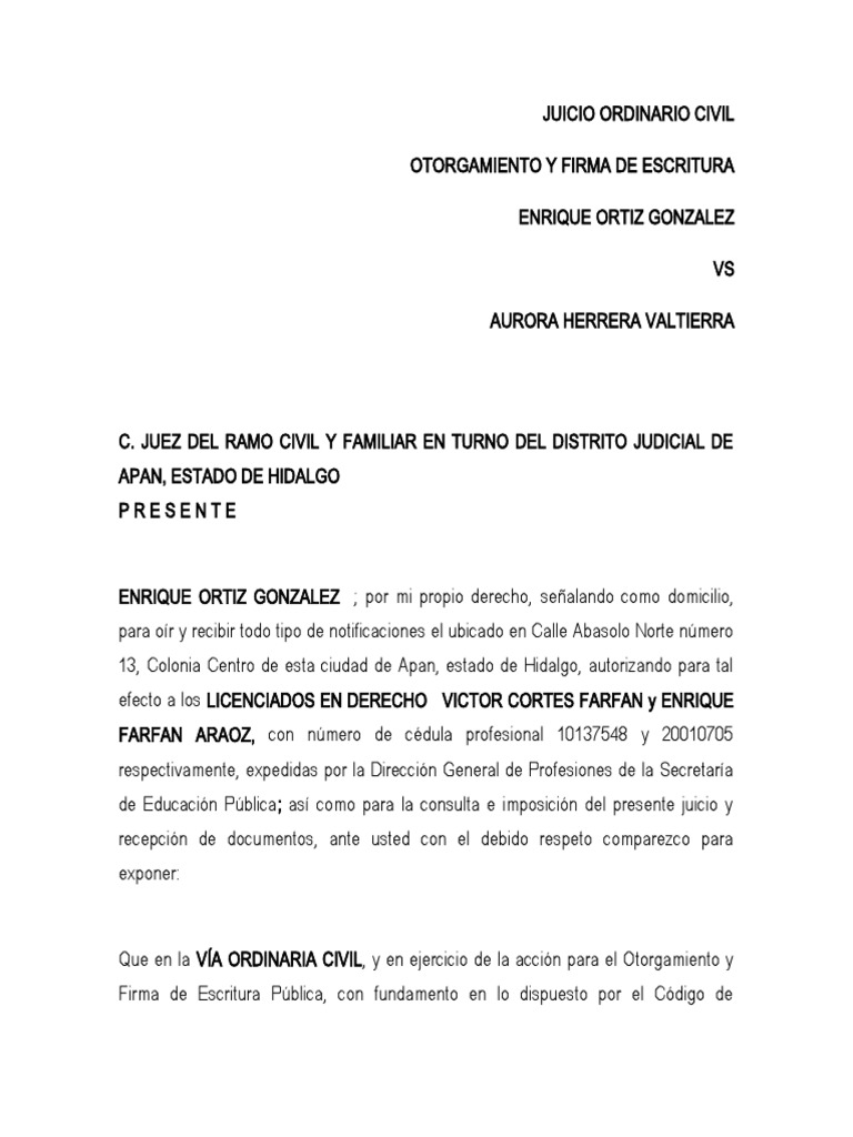 Demanda de Juicio Ordinario Civil Horacio Roldan | PDF | Demanda ...