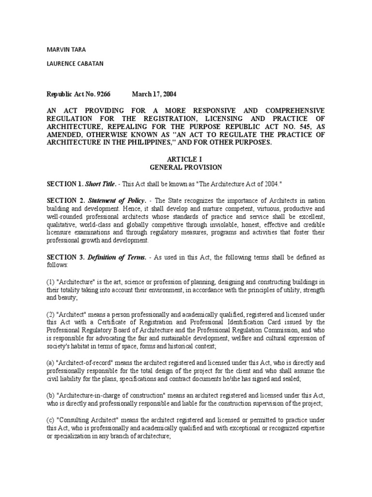 Republic Act No 9266 | Download Free PDF | Licensure | Architect