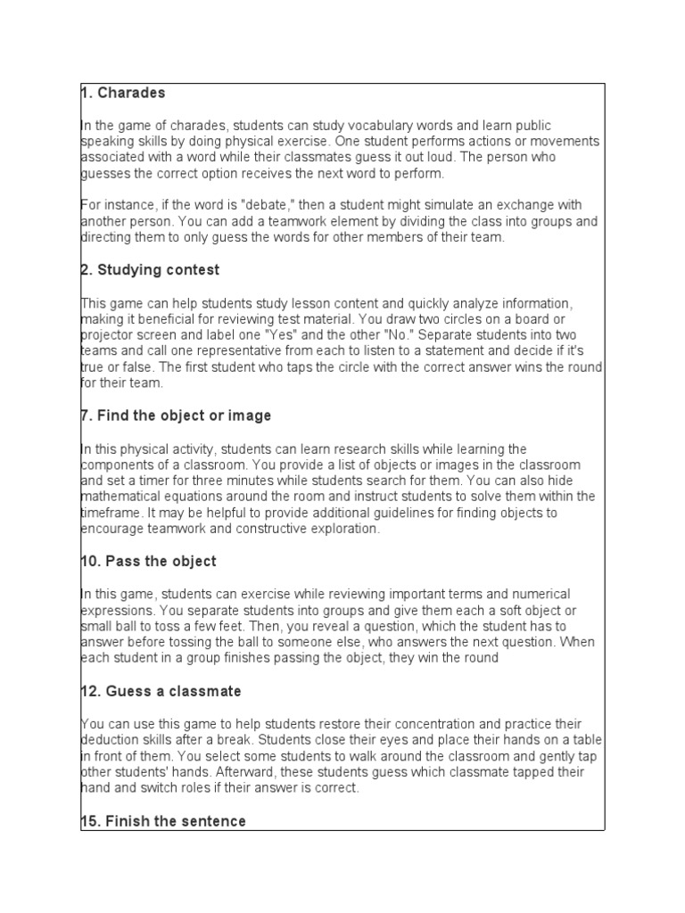 Games | PDF | Classroom | Teachers