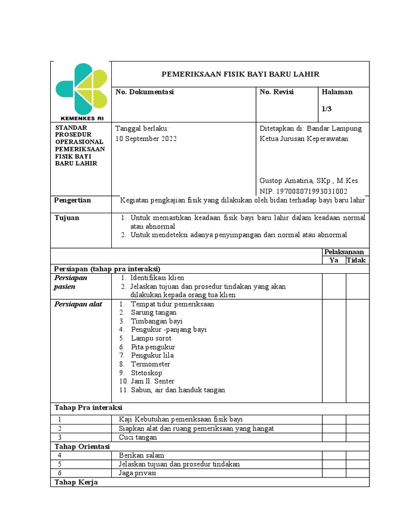 Kel 5 - Sop Pemeriksaan Fisik Bayi Baru Lahir | PDF