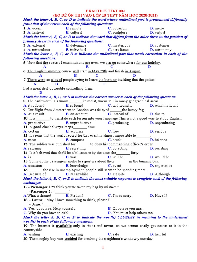 Practice Test 002.2020 | PDF | Schools | Bullying