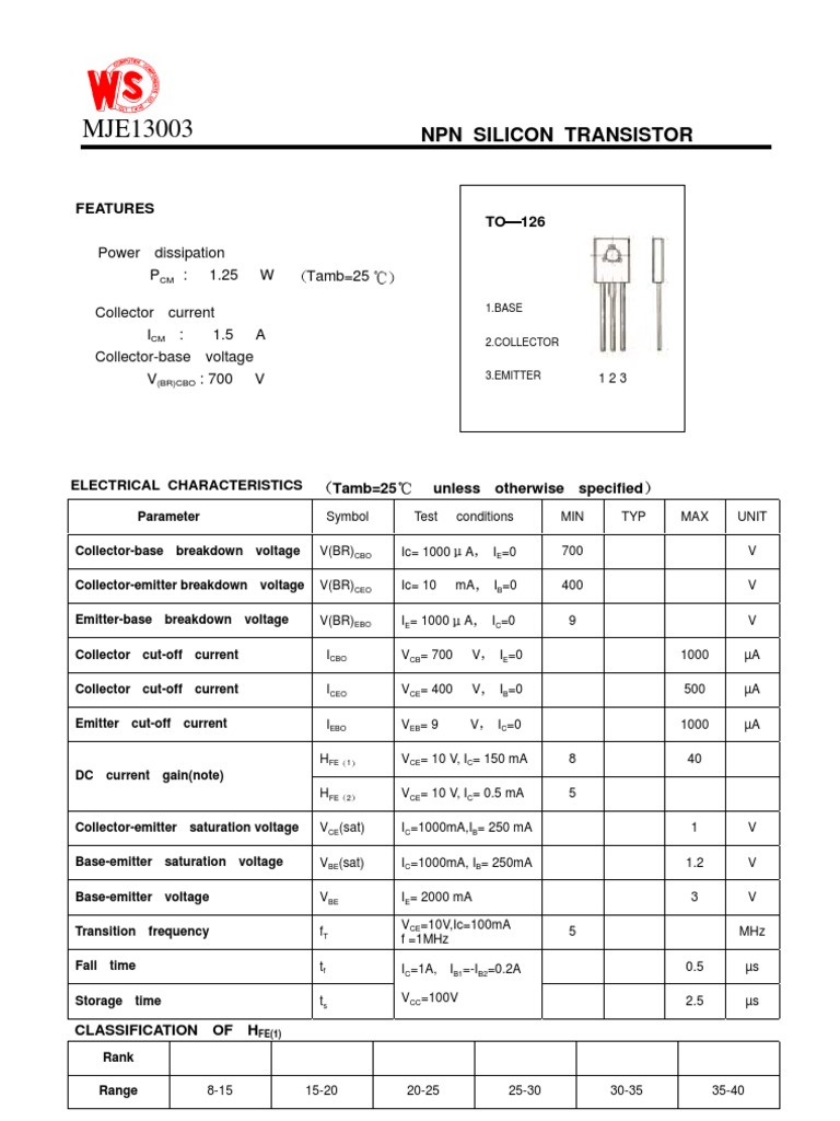 MJE13003 NPN Transistor Specifications | PDF | Science & Mathematics ...