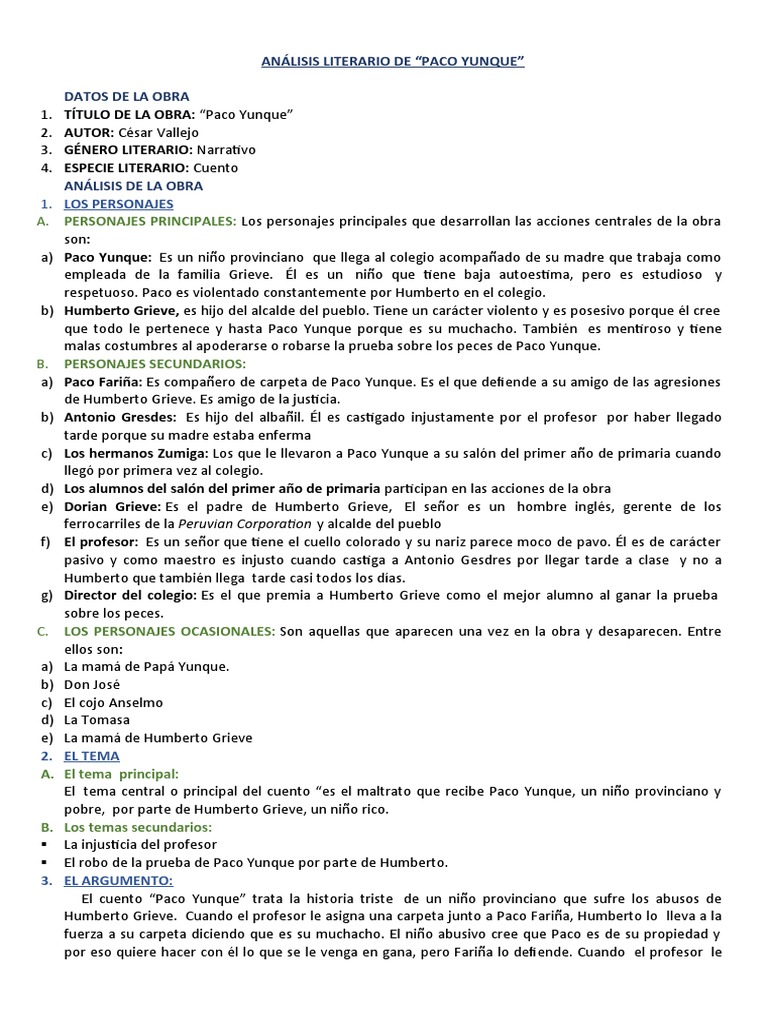 Paco Yunque Analisis Literario | PDF