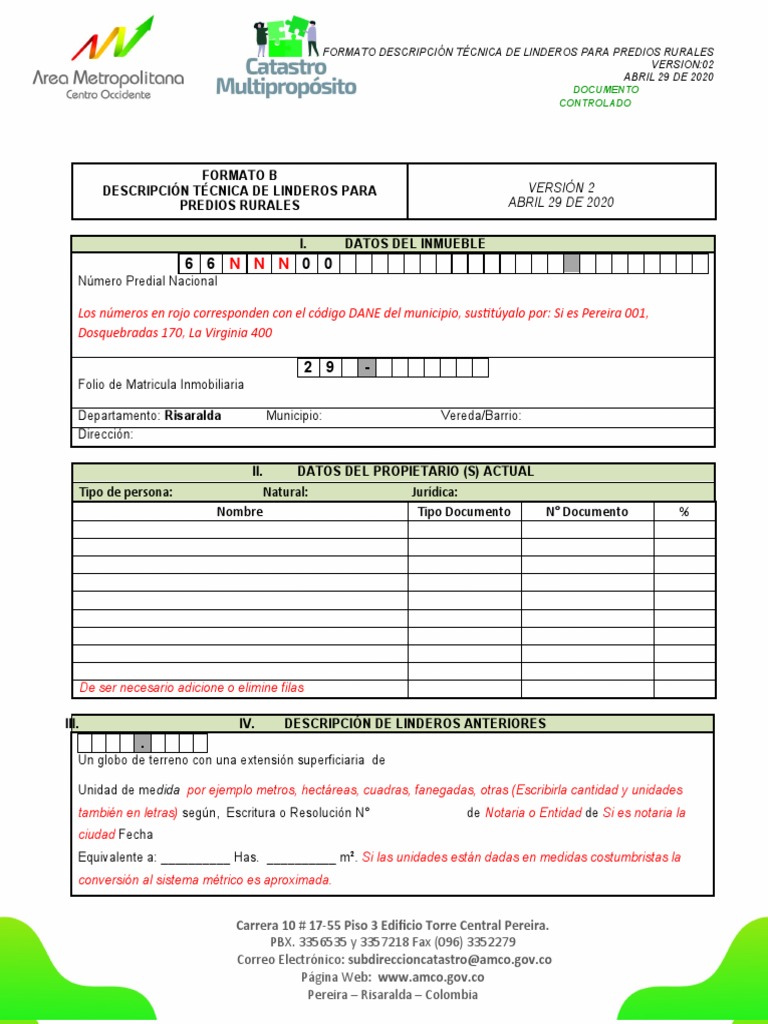 Formato B - Descripcion - Tecnica - Linderos - Rurales | PDF