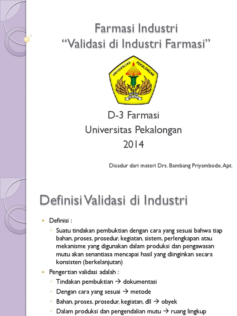 Validasi Di Industri Farmasi 1 | PDF