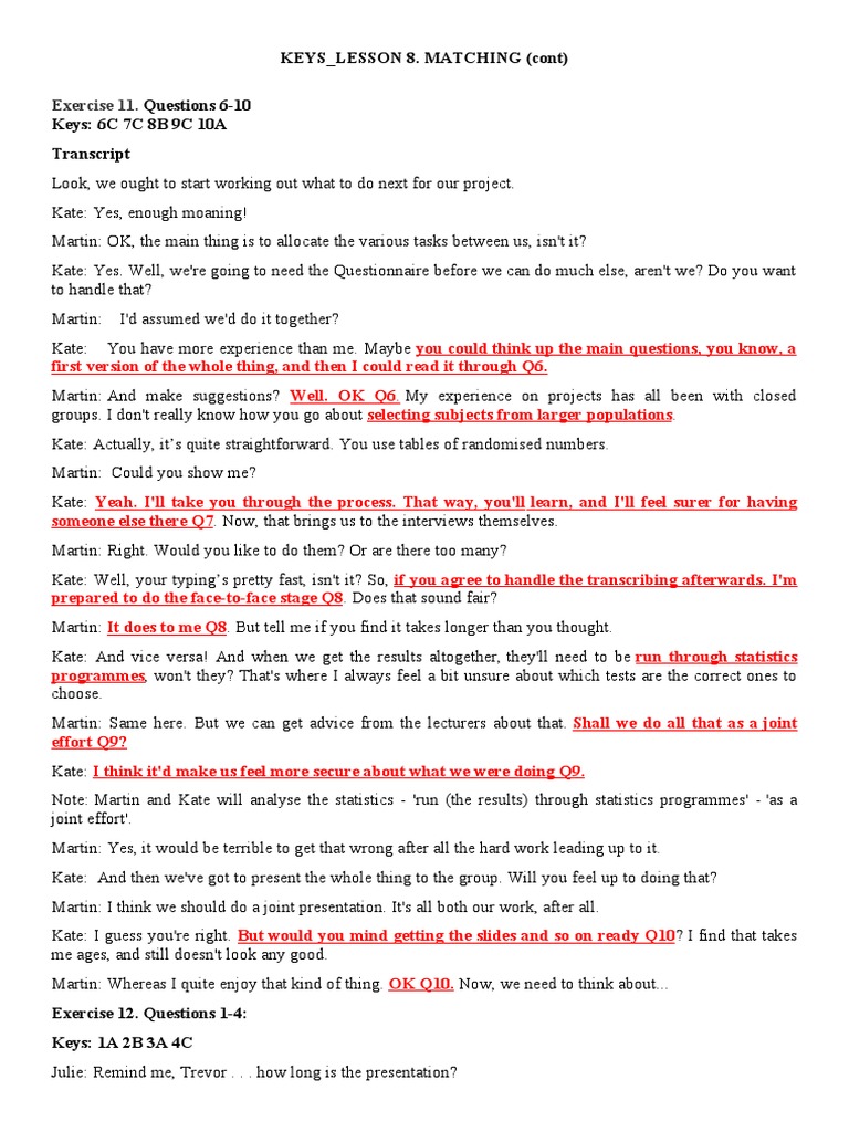 Keys - Lesson 8. Matching (Cont) | PDF | Physical Fitness