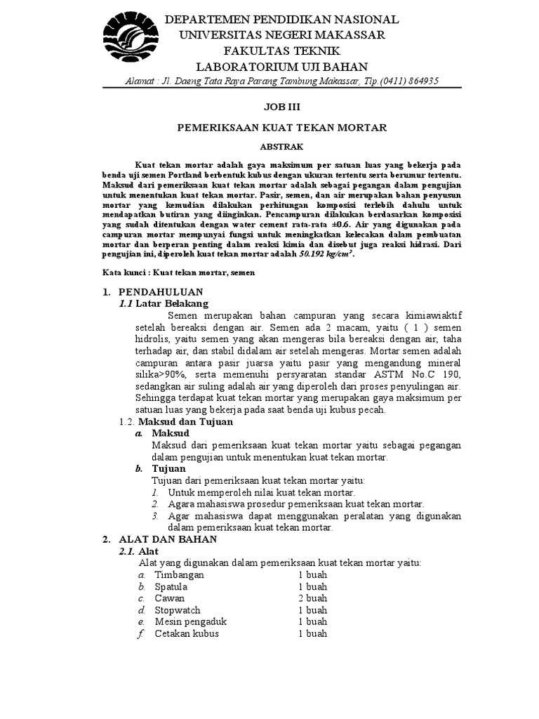 JOB 3 Kuat Tekan Mortar | PDF