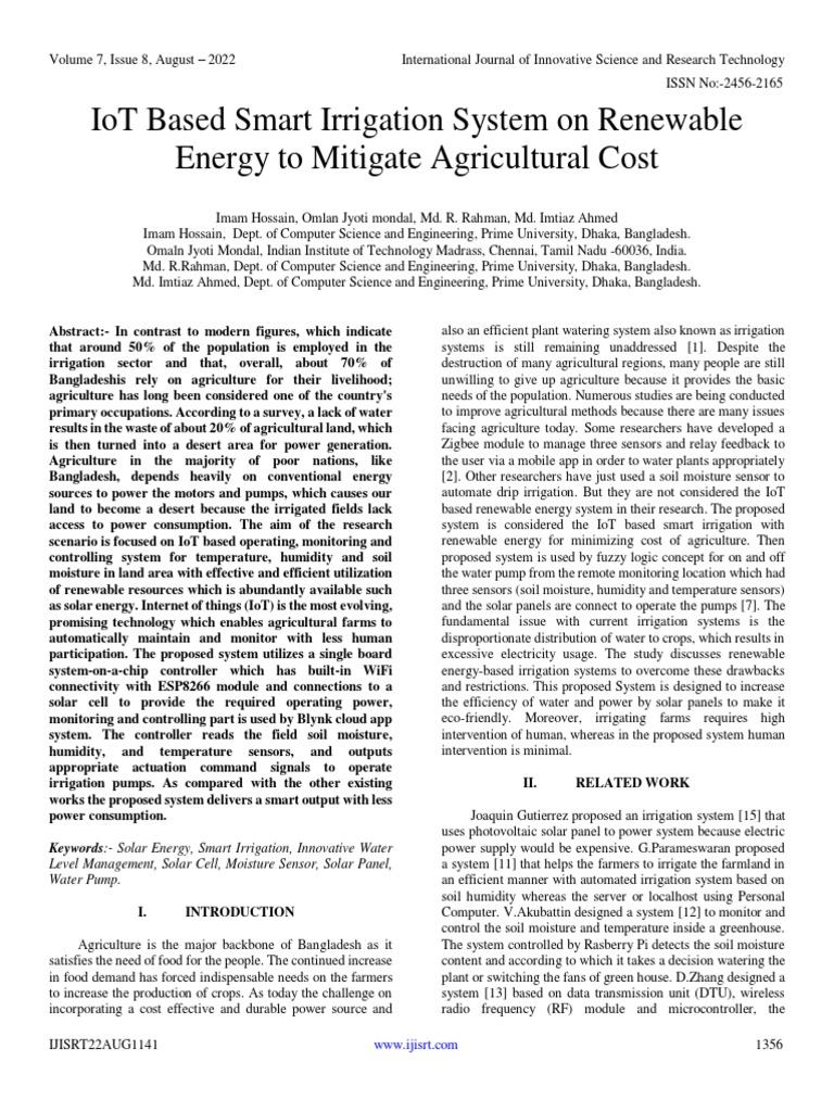 Iot Based Smart Irrigation System On Renewable Energy To Mitigate Agricultural Cost Pdf