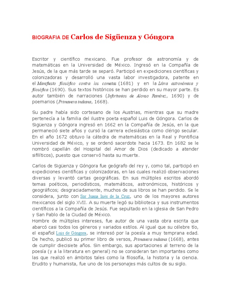 Biografía de Carlos de Sigüenza y Góngora | PDF | Historia | Clásicos