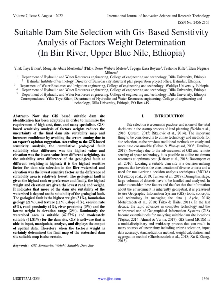Suitable Dam Site Selection With Gis-Based Sensitivity Analysis of Factors Weight Determination ...