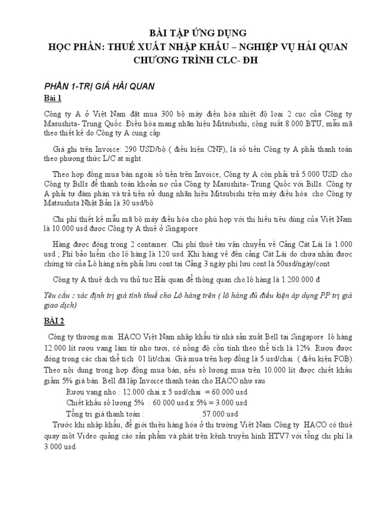 Bai Tap Tinh Huong Ung Dung Thue XNK NVHQ 1 | PDF