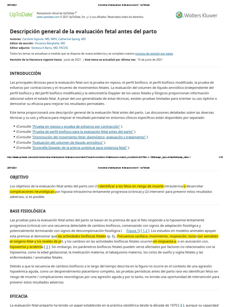 Evaluación Fetal Anteparto. UpToDate. 2021 | PDF | El embarazo | Parto