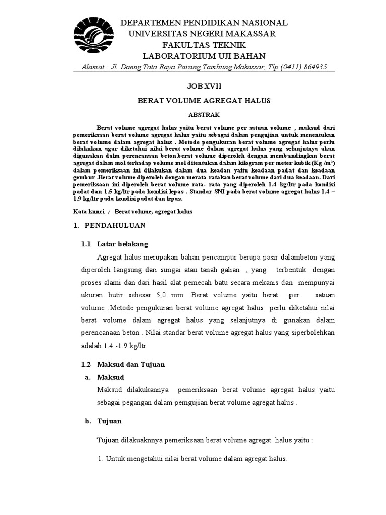 JOB 17 berat Volume Agregat Halus PDF Metode Bahan Ajar