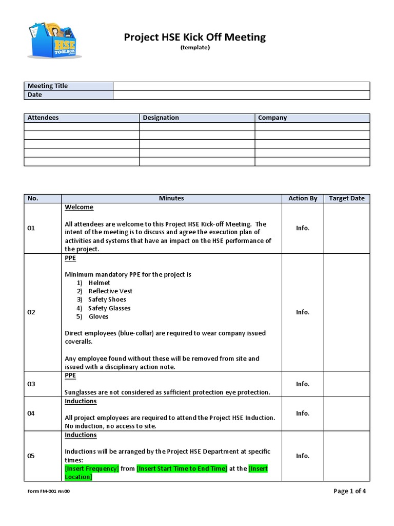 Project HSE Kickoff Meeting Minutes Template 1661784319 | PDF ...
