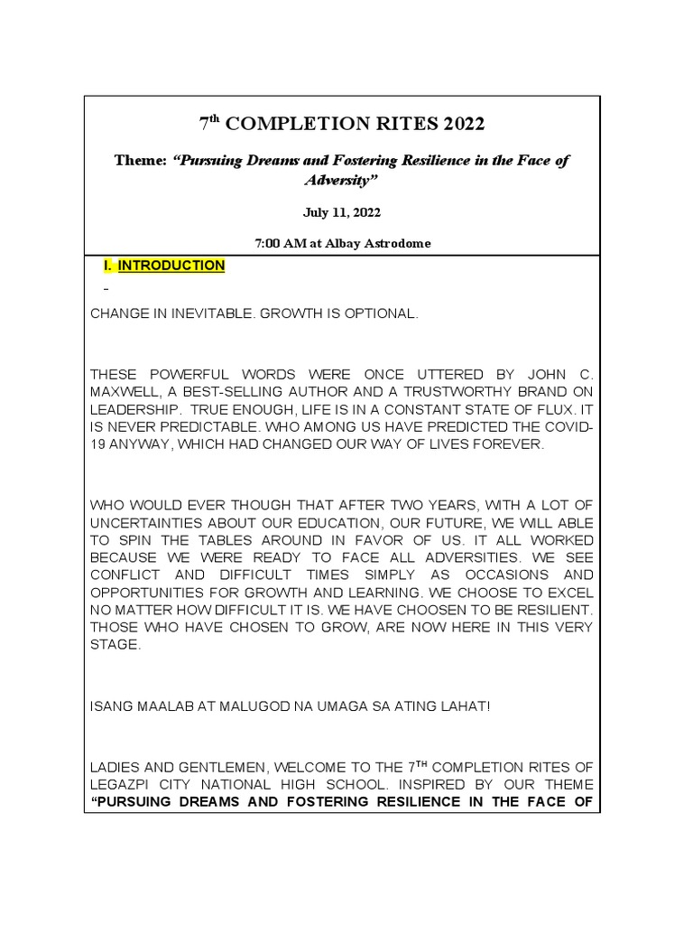 7th COMPLETION RITES 2022 (EMCEE SCRIPT) | PDF