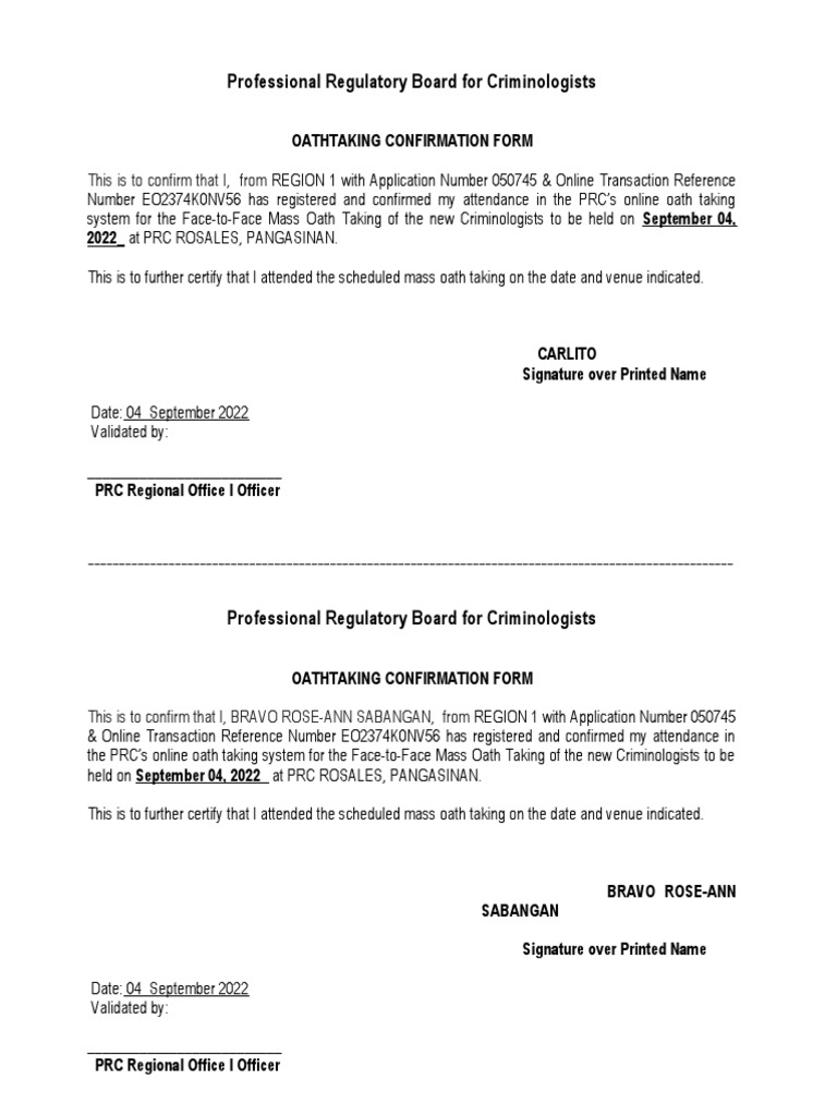 Criminologist Oath Taking Confirmation | PDF | Business | Finance ...