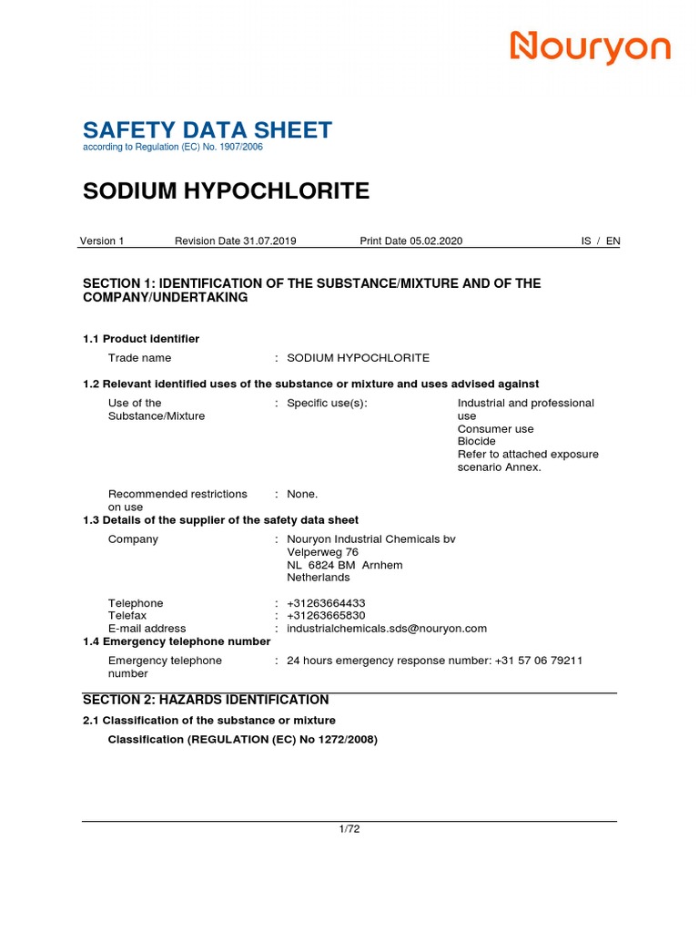 MSDS Sodium-Hypochlorite | PDF | Firefighting | Toxicity